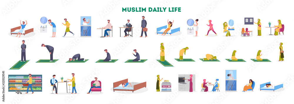 Daily routine of a muslim woman and man set. Stock Vector | Adobe Stock