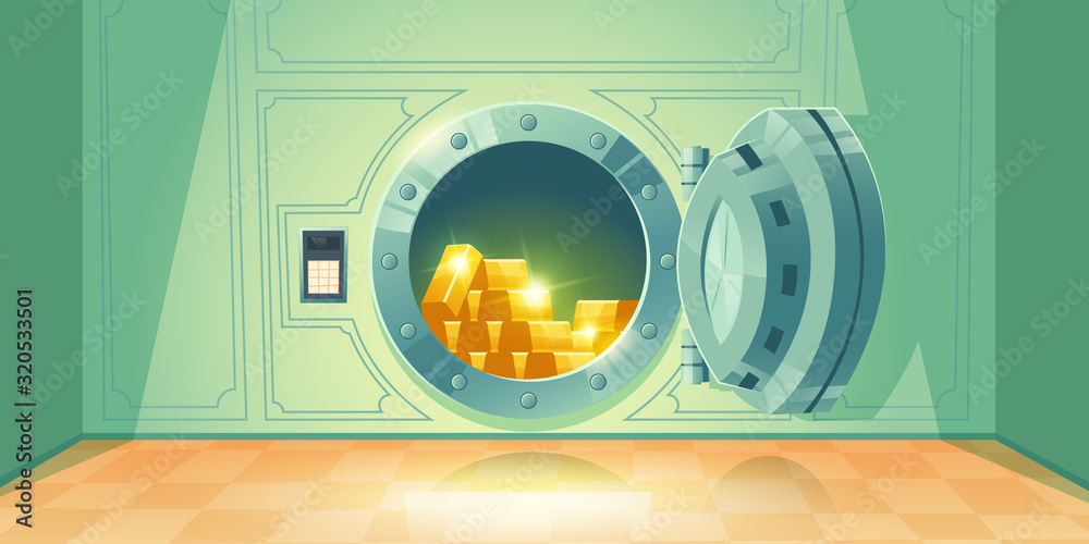 Bank vault with open safe door. Vector cartoon illustration of room ...