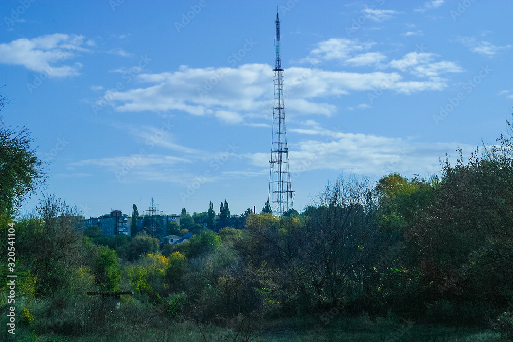 Television tower construction to transmit signals TV. Countryside ...