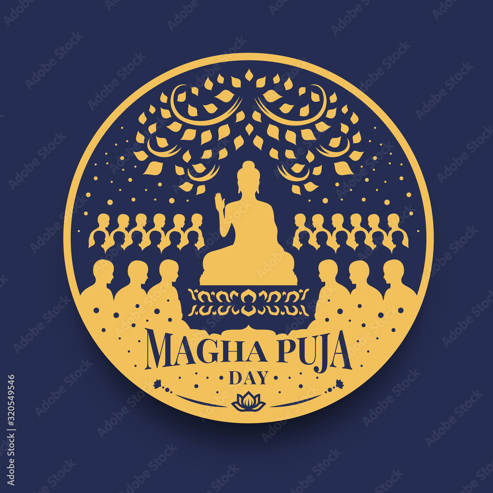 Magha puja day banner with The Lord Buddha Preach monks in circle sign ...