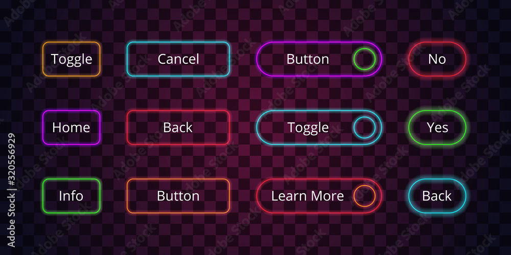 Neon buttons. Glow web entering click lighting buttons digital badges ...