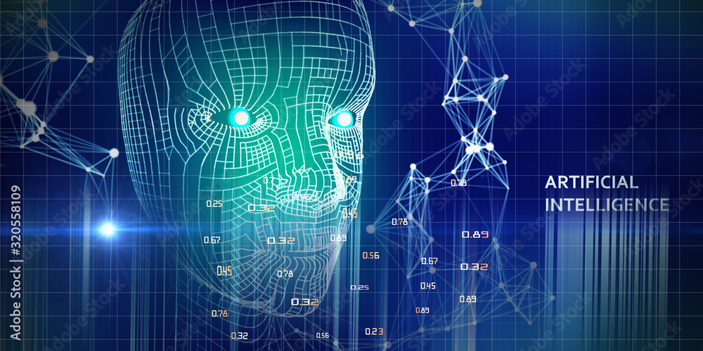 Abstract futuristic background with blue lines. Robotic wireframe head ...