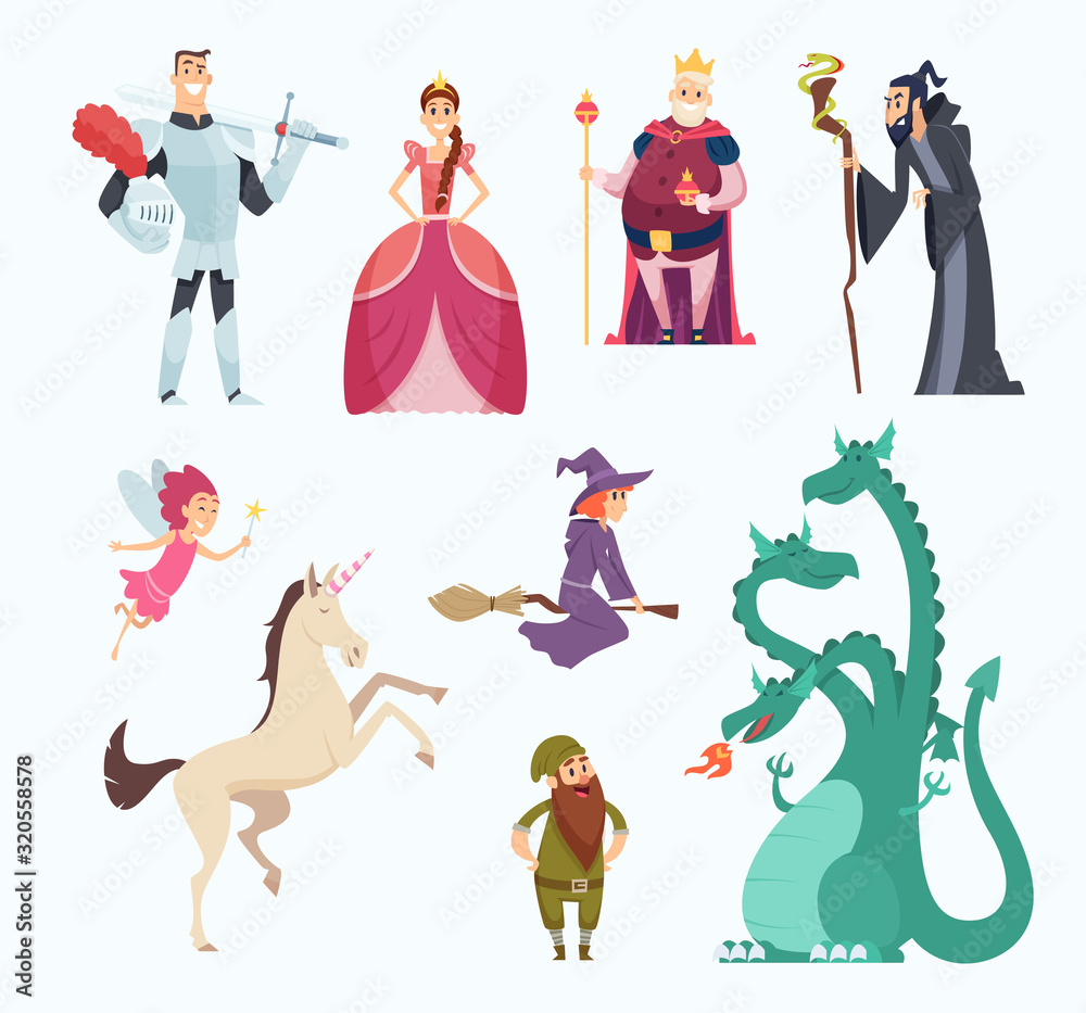 Fairy tales heroes. Witch wizard princess dragon funny characters in ...
