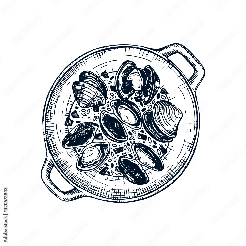 Cooked Clam shells in pot illustrations. Shellfish and seafood ...
