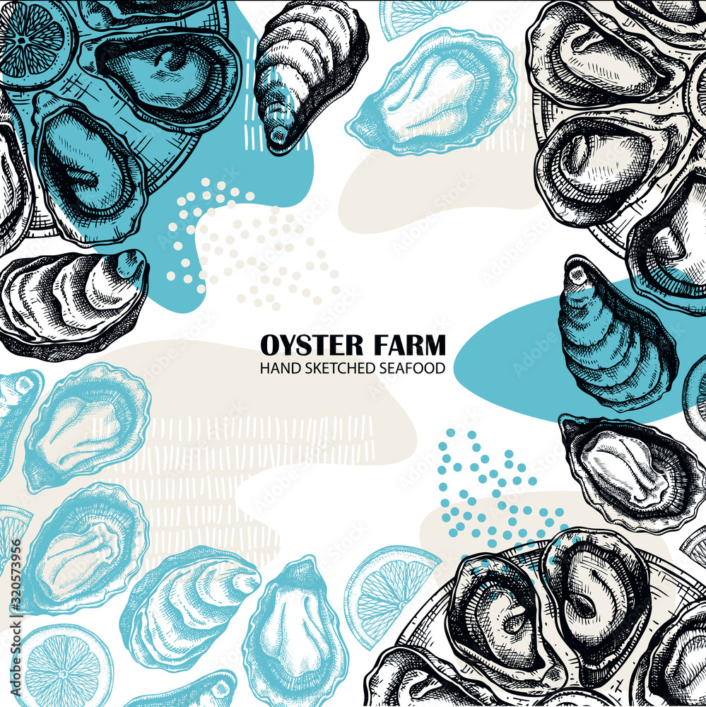 Hand drawn cooked oyster shells frame design. Vector package, banner ...