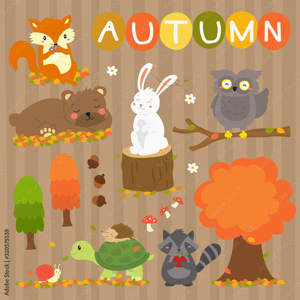 Cute autumn animals and trees vector collection. Autumn season animals ...