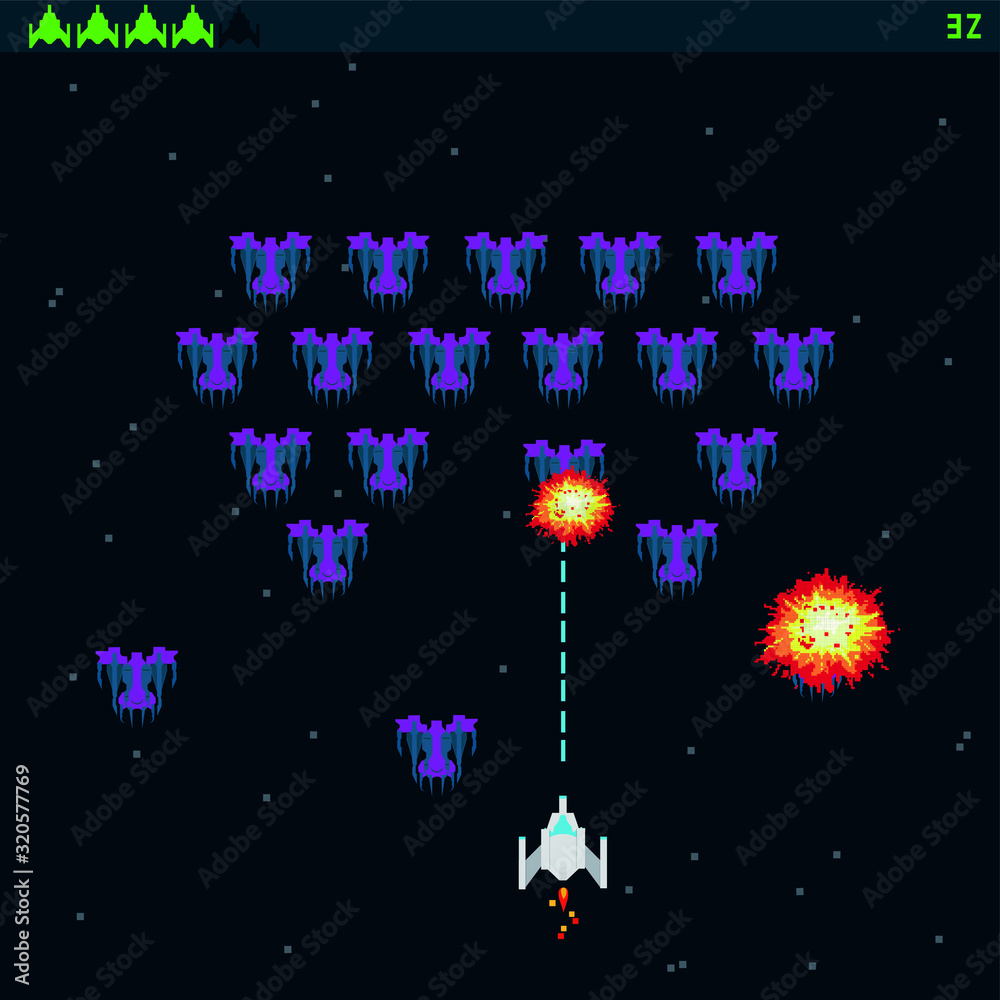 Retro video game, screen, arcade space warships, shooting, background ...