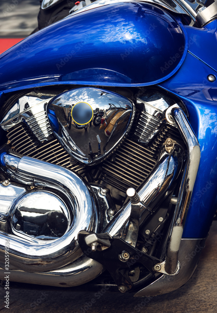 Chrome v-twin motorcycle engine with nice reflections. No logos and any ...