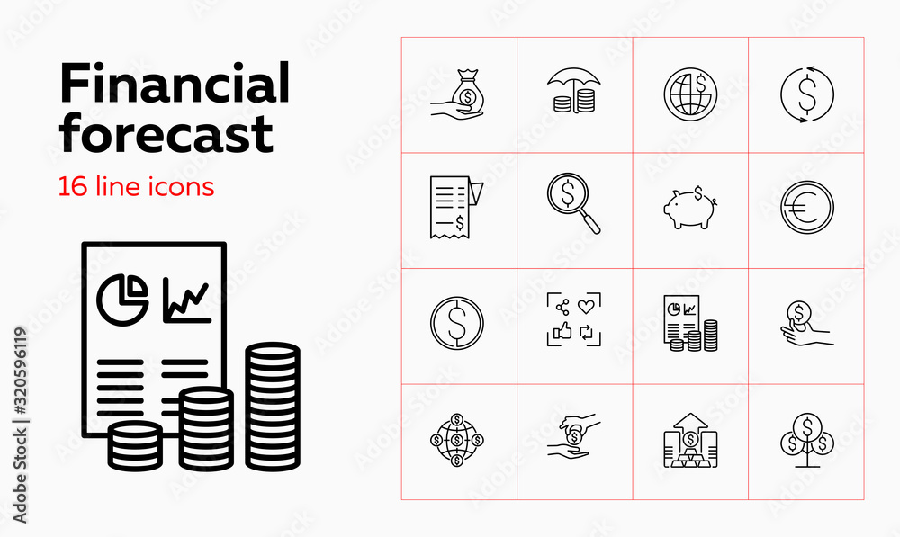 Financial forecast icons. Set of line icons. Analytics, profit, capital ...
