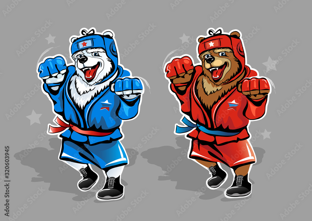 Two Russian bears wrestler isolated on background. Brown and polar ...