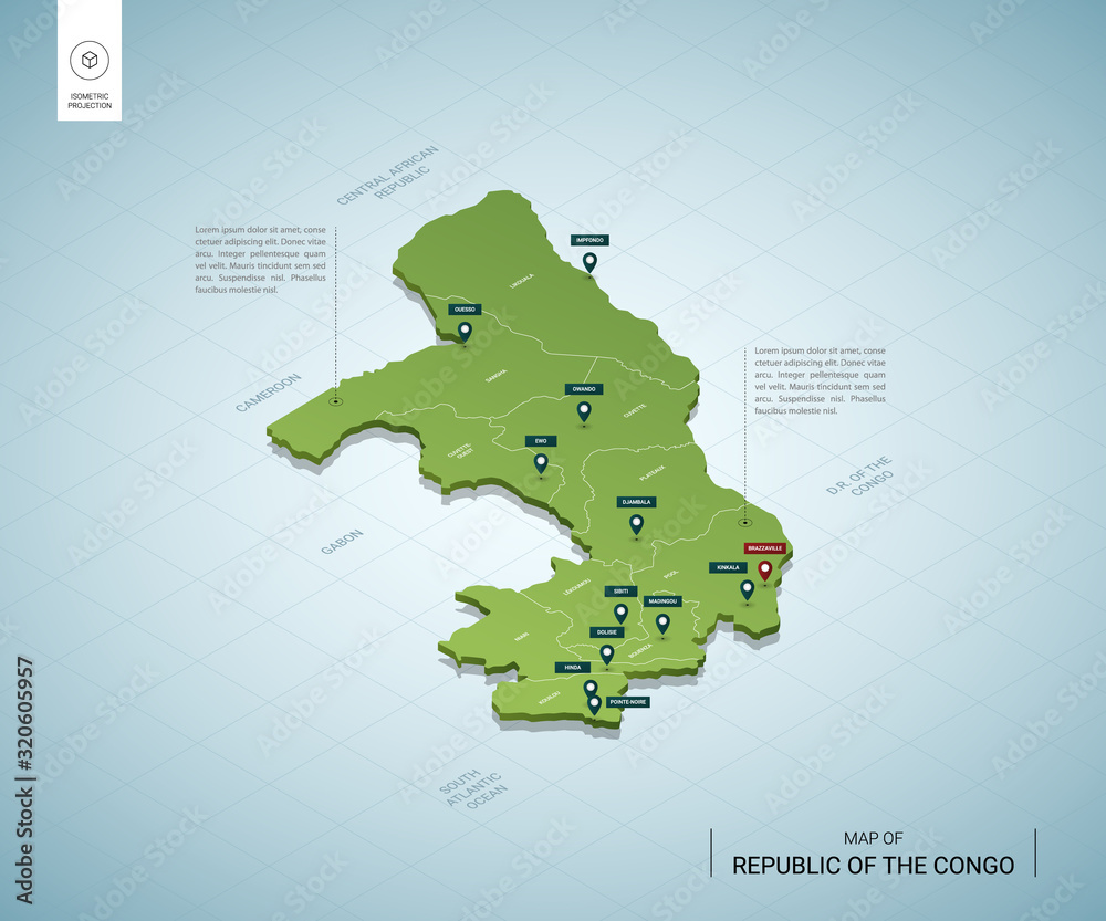 Stylized map of Congo. Isometric 3D green map with cities, borders ...
