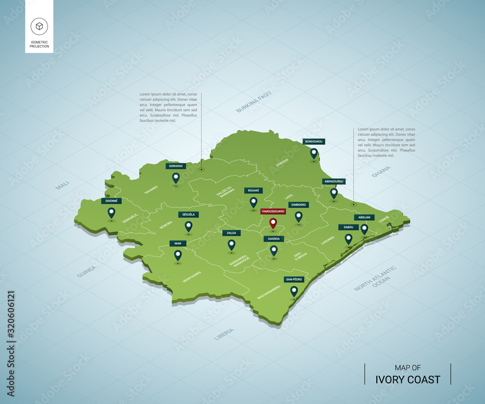 Stylized map of Ivory Coast. Isometric 3D green map with cities ...