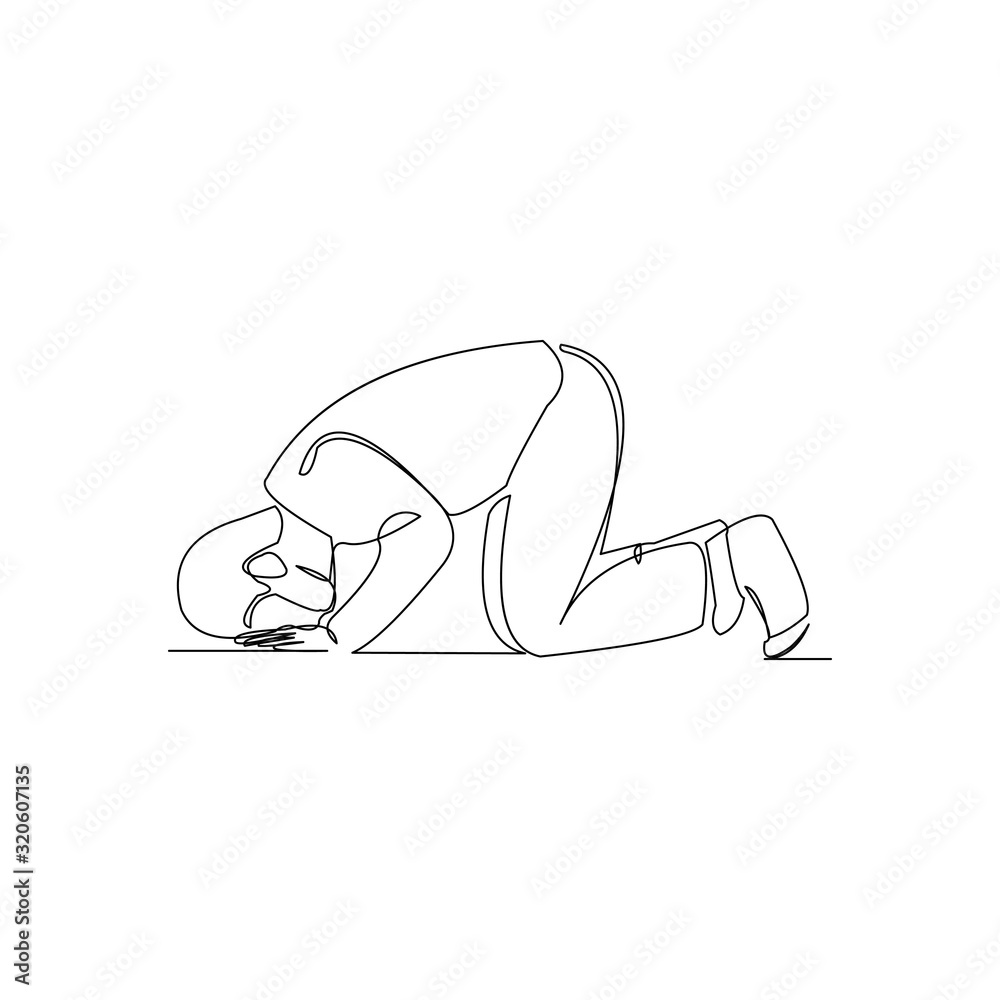 Continuous line drawing of islamic muslim man praying on sujud bow down ...