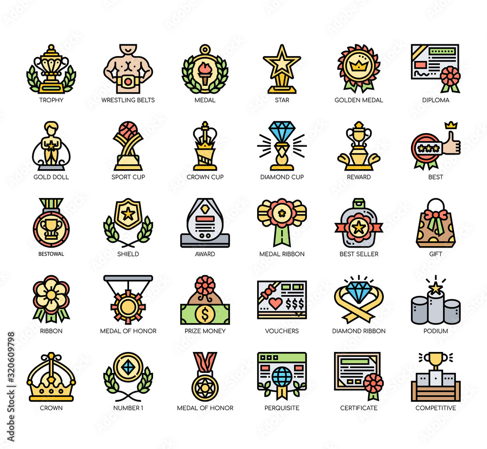 Set of rewards and badges thin line and pixel perfect icons for any web ...