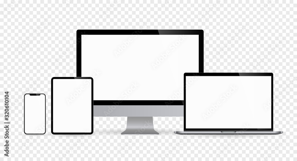 Realistic set of computer monitors desktop laptop tablet and phone with ...