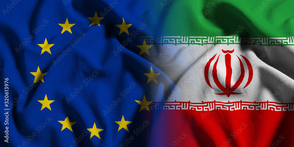 National flag of Iran with European Union (EU) flag on a waving cotton ...