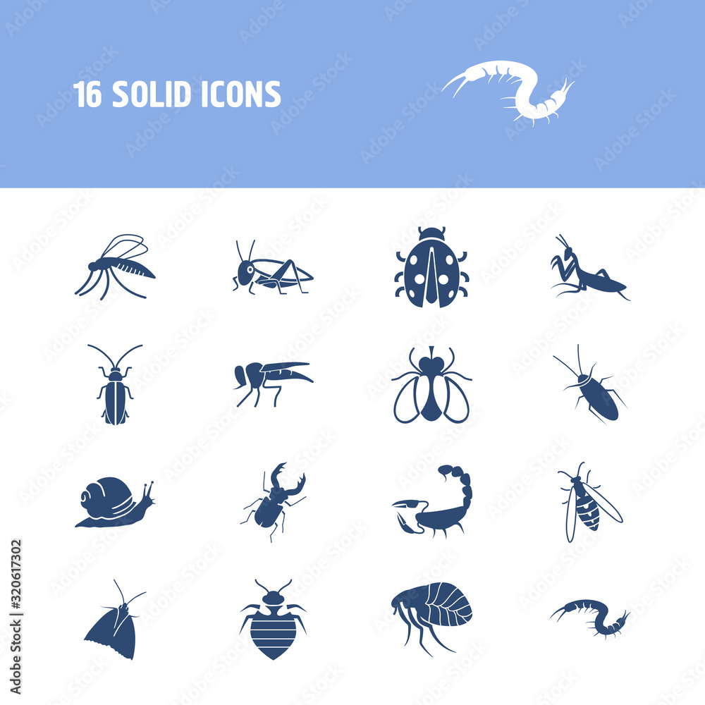 Beetle icon set and snail with bedbug, mosquito and cat flea. Housefly ...