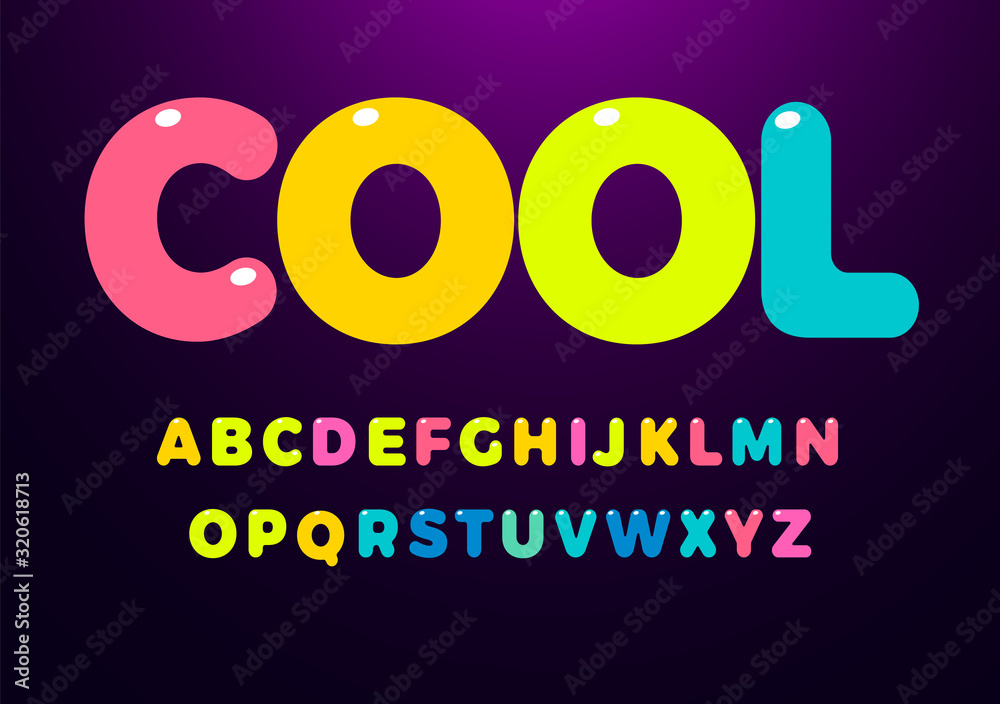 Bright cool colored letters set. Bold rounded glossy kid style alphabet ...