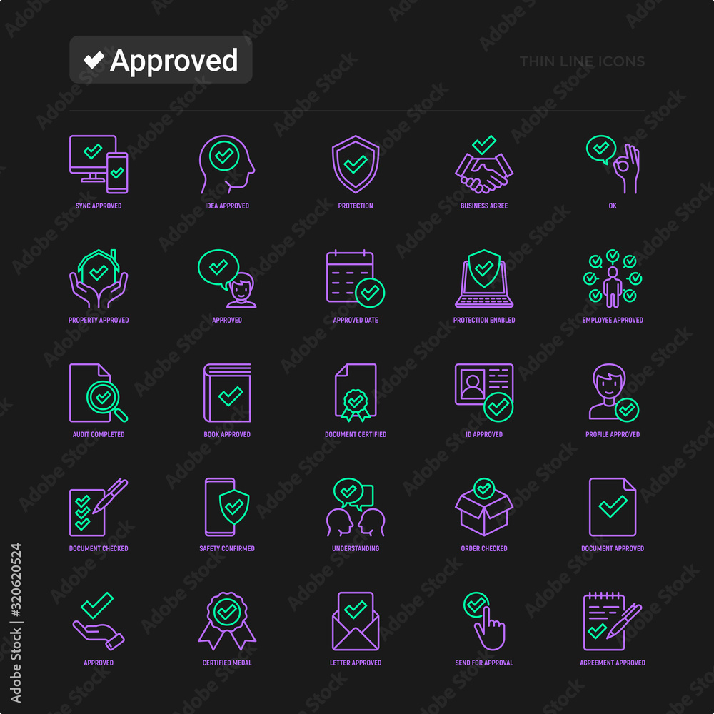 Vetor de Approved thin line icons set: sync, idea, agreement, calendar ...