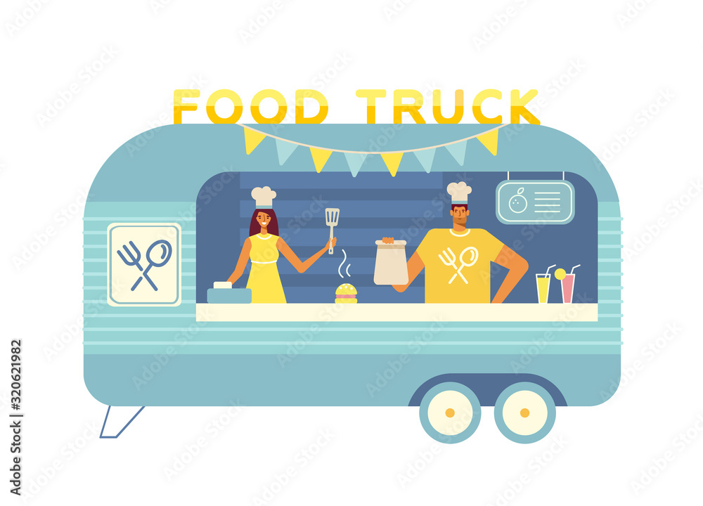 Food track. Van with fast food. Fun characters. Sellers of street food ...