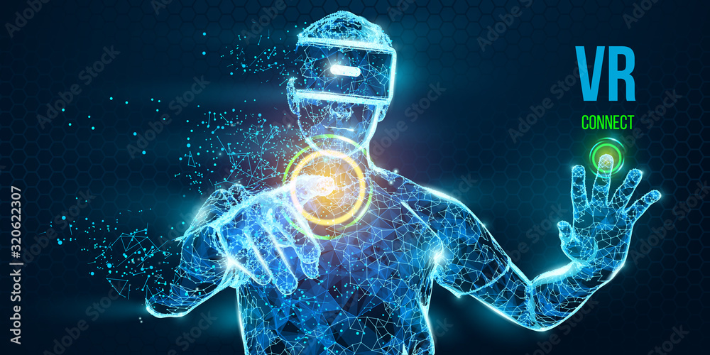 VR headset holographic low poly wireframe vector banner. Polygonal man ...