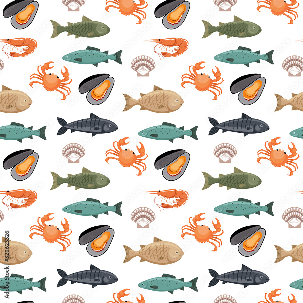 Seamless pattern with different types of fish on white background ...