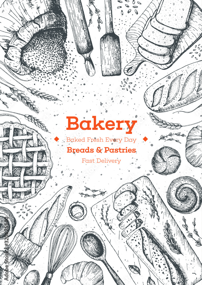 Bakery top view frame. Background template for design. Engraved food ...