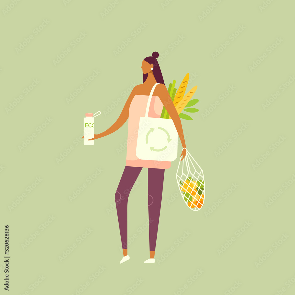 Girl is holding reusable cup and eco bag with recycling symbol. Cute ...