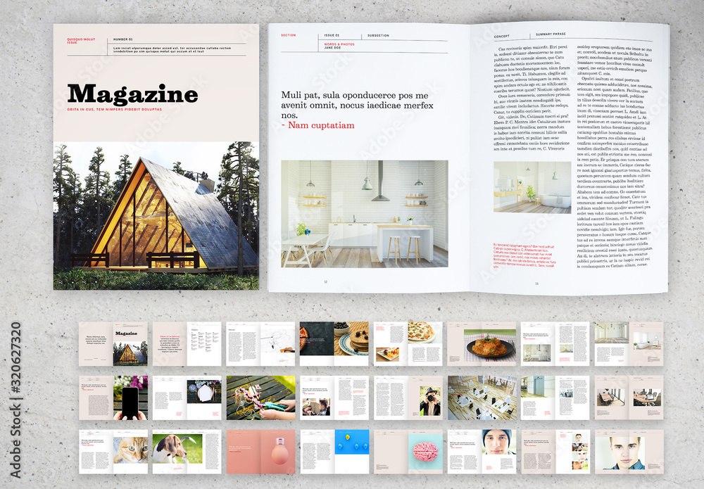 Magazine Layout with Orange Accents Stock Template | Adobe Stock
