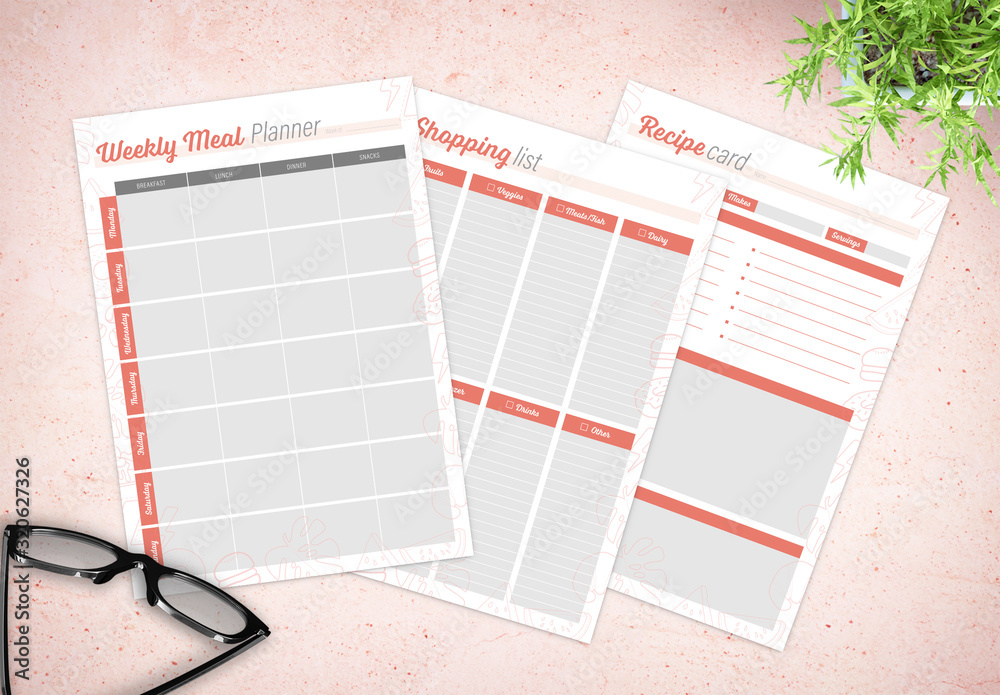 Weekly Meal Plan Layout Kit with Orange Accents and Food Illustrations ...