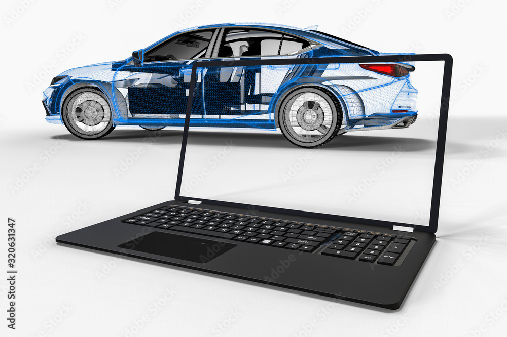 3D rendering representing an x-ray of a car with a laptop. Stock ...