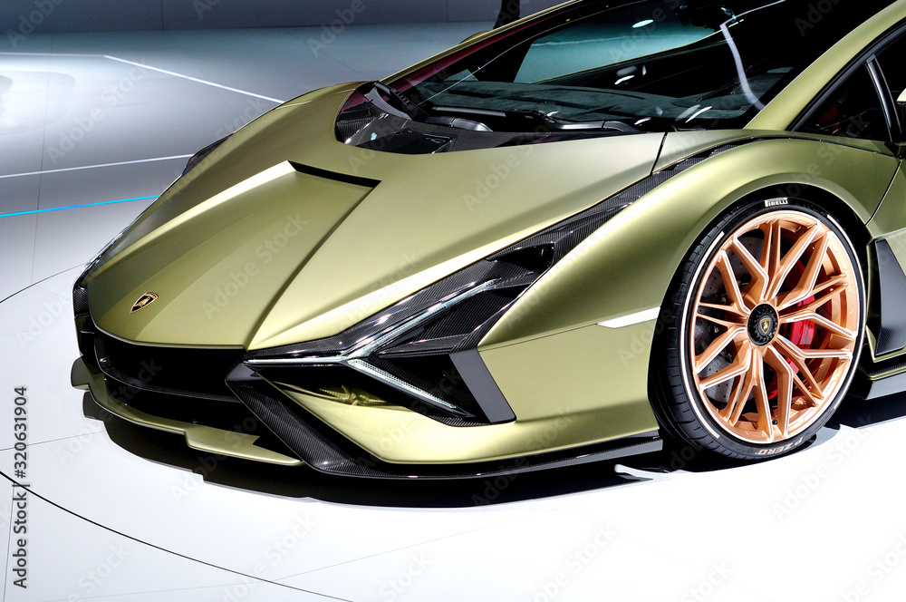 Lamborghini SIAN - red supercar on stage. Stock-Foto | Adobe Stock