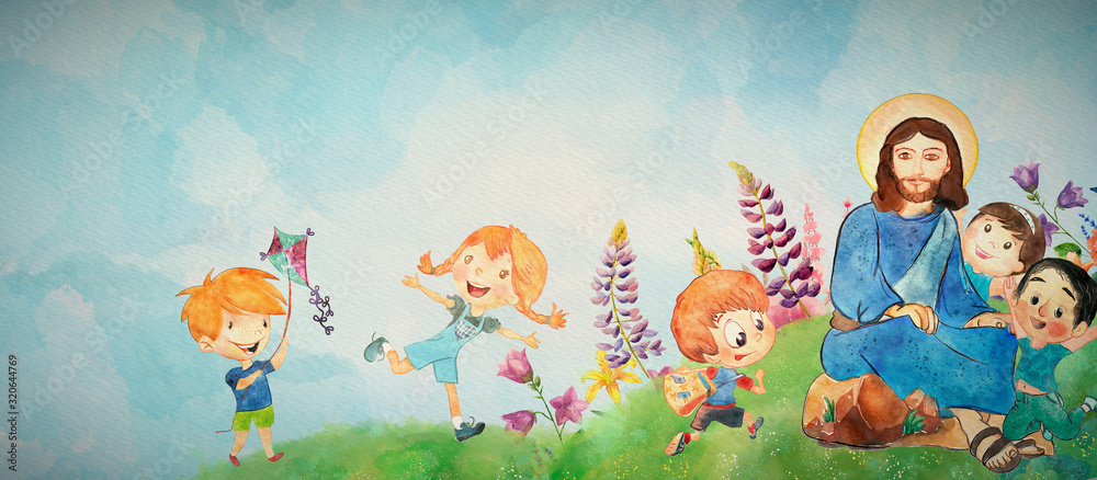 Jesus and children. Christian background for children, watercolor Stock ...