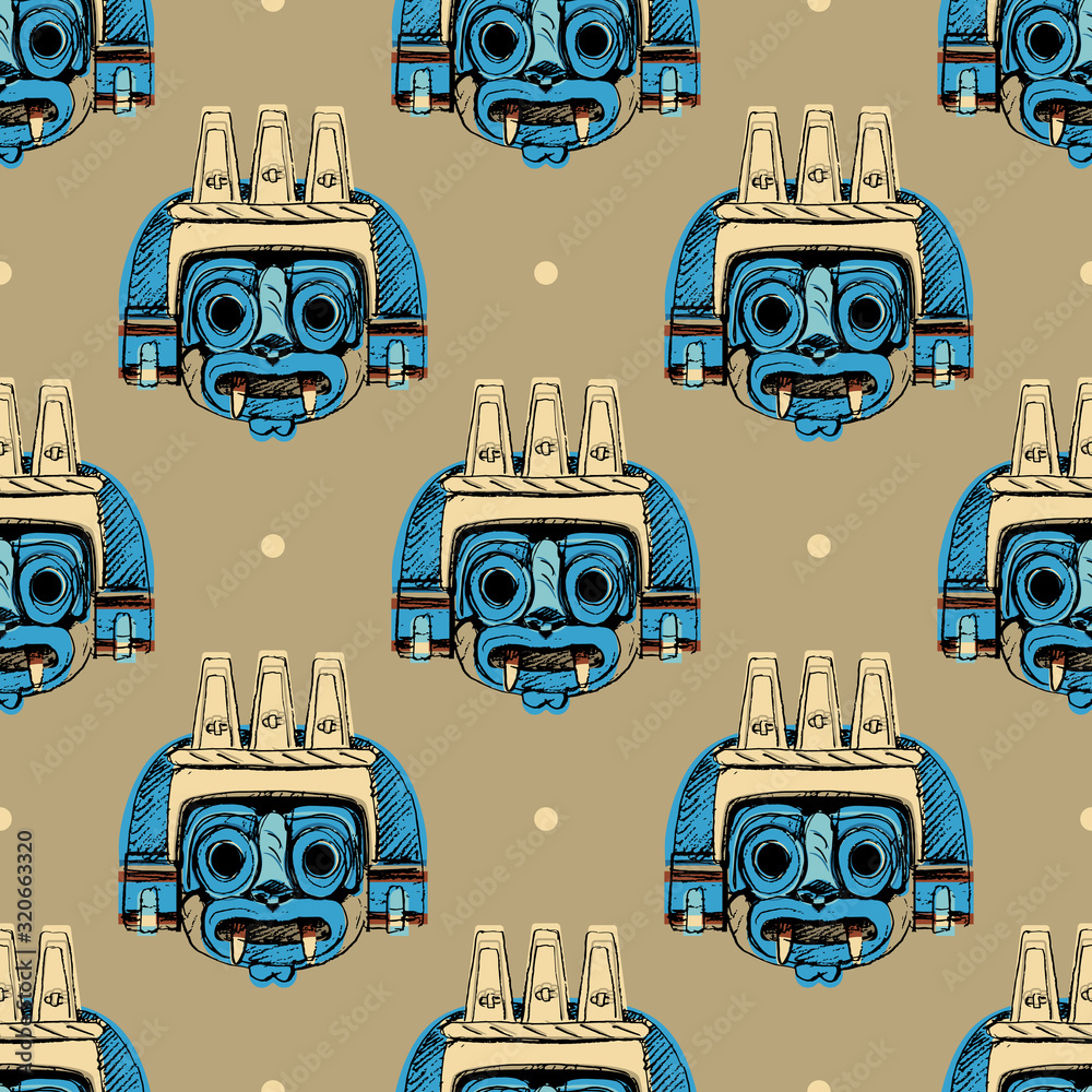 Seamless geometrical pattern with Aztec masks of god Tlaloc. Pre ...