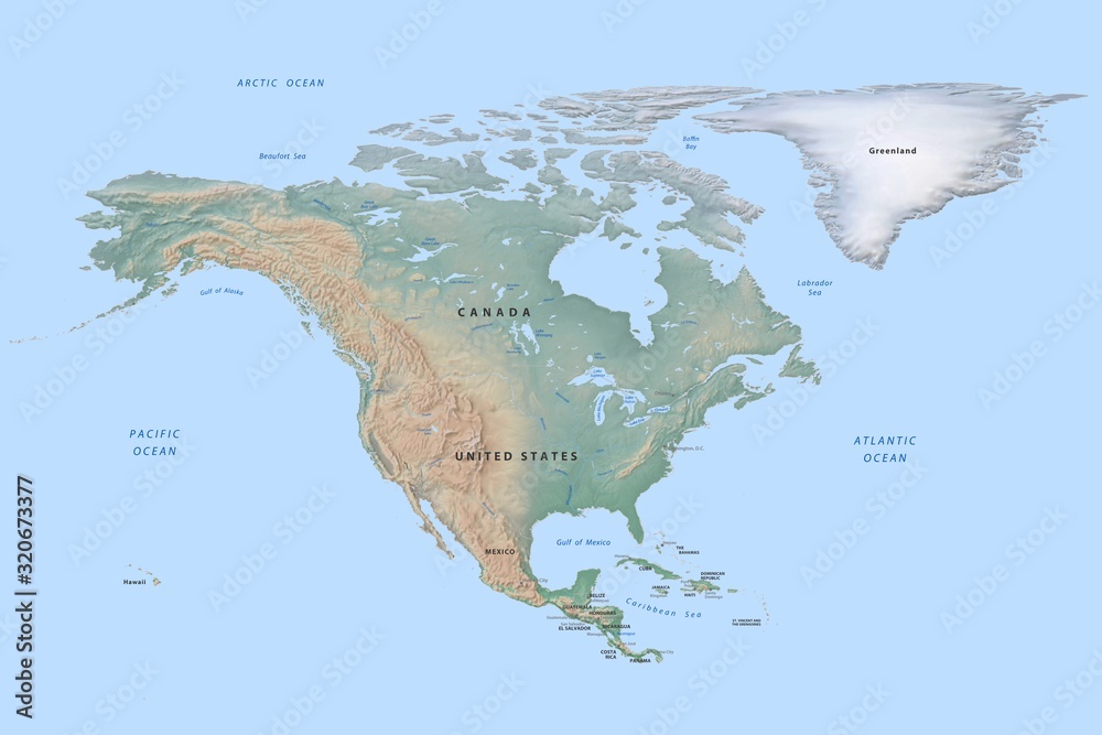 physical map of north america on blue background with terrain relief ...