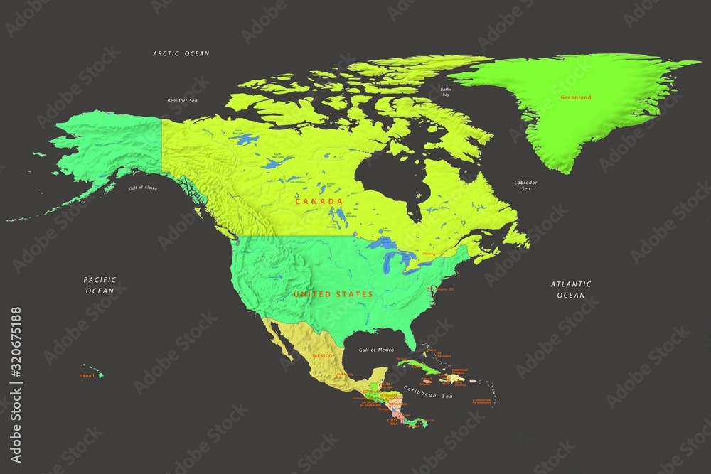 political map of north america on a dark background with terrain relief ...
