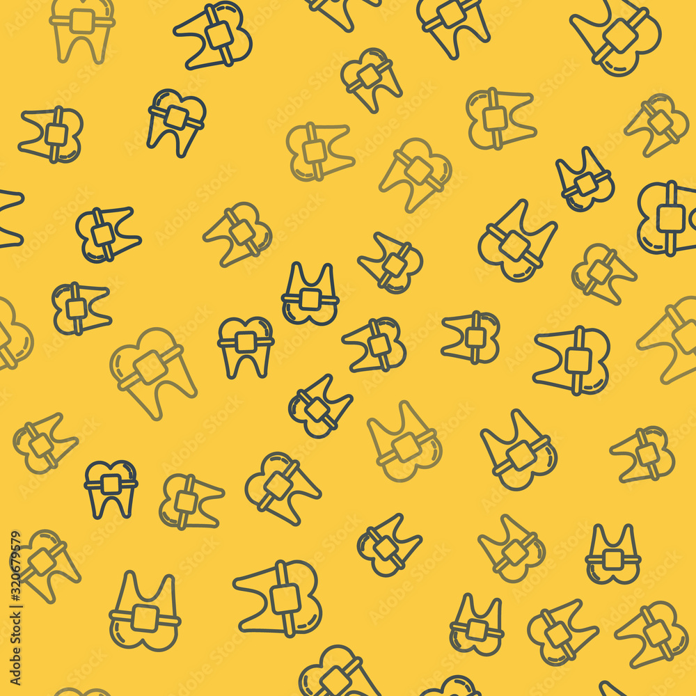 Blue line Teeth with braces icon isolated seamless pattern on yellow ...