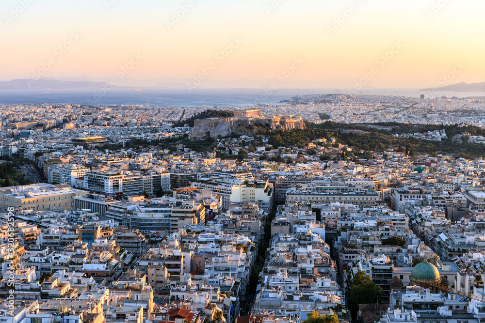Acropolis with Athens city and sea landscape of sunset seen from ...