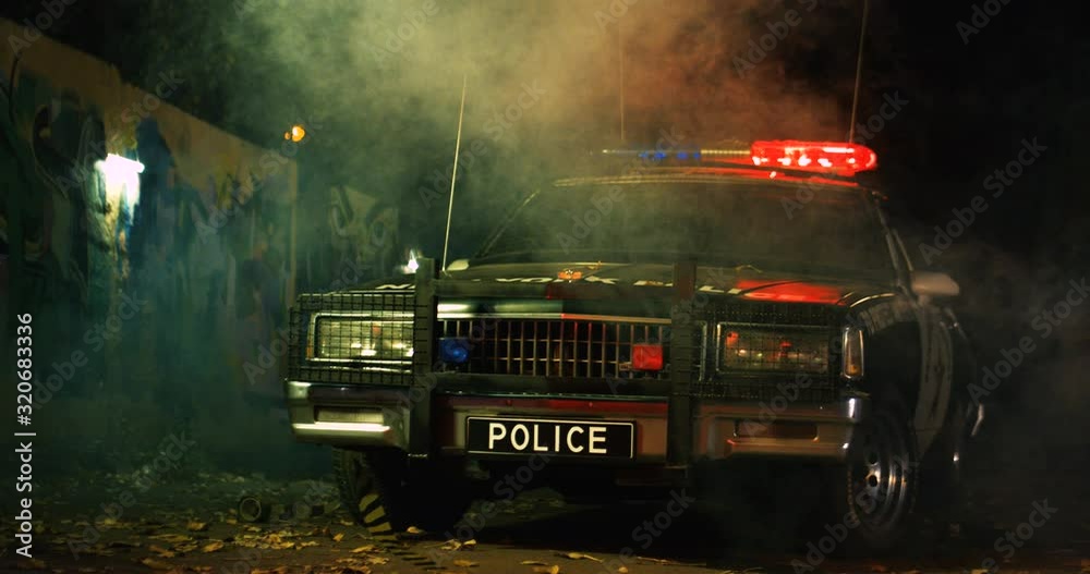 Police car with lights at night. Police forces vehicle in the dark and ...