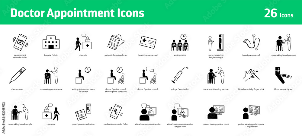 Doctor Appointment/Visit Icon Set, 26 icons Stock Vector | Adobe Stock