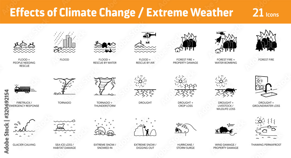 Effects of Climate Change, Extreme Weather Icon Set, 21 icons Stock ...