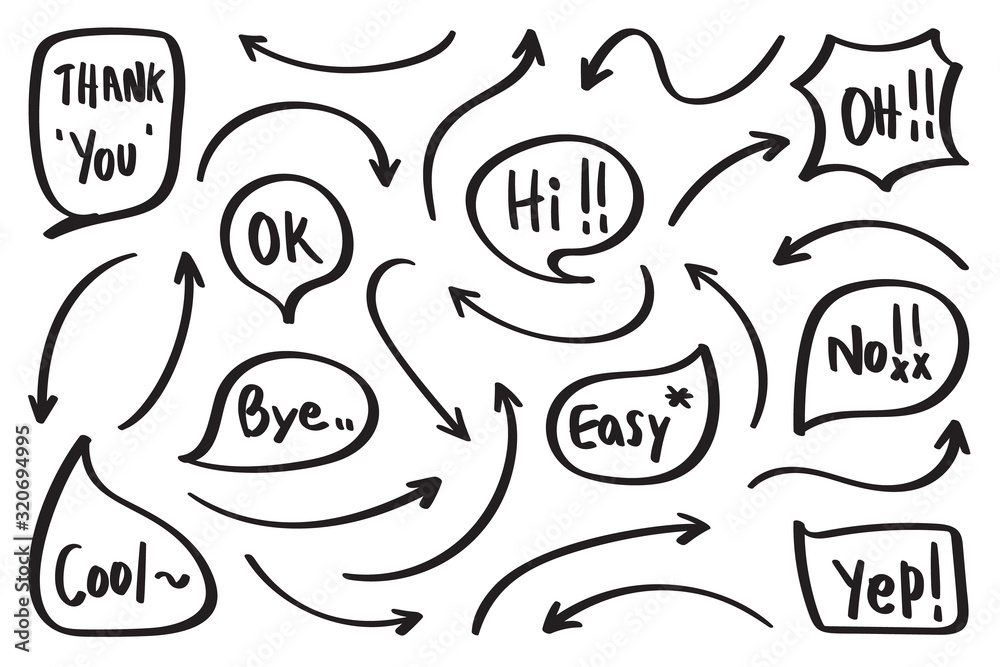 Hand drawn set of arrows and speech bubbles with dialog words:Thank you ...