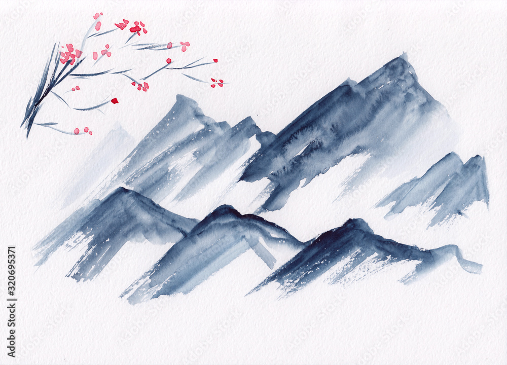 Watercolor landscape of mountain peaks with tree branch in bloom in ...