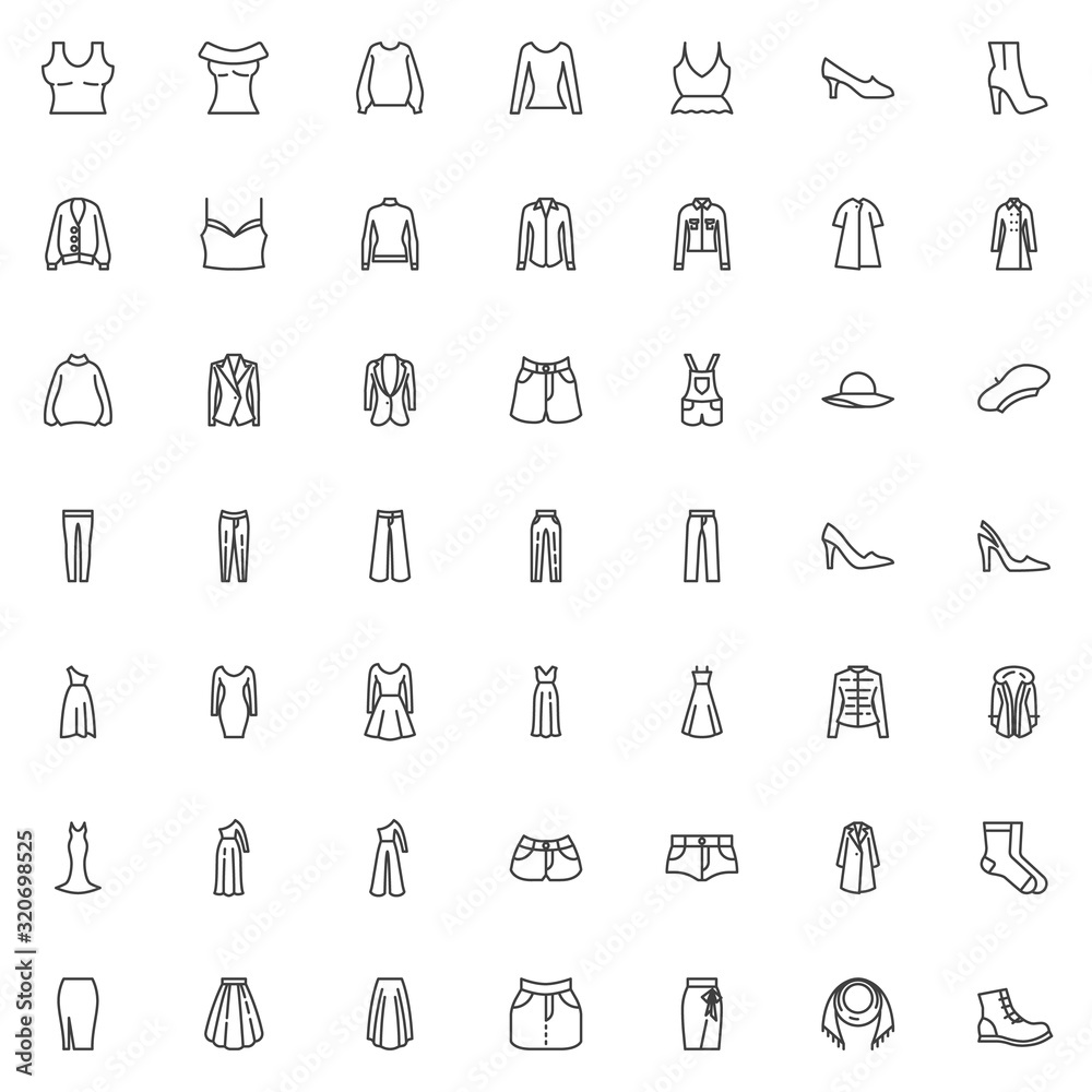 Women's clothing line icons set. linear style symbols collection ...