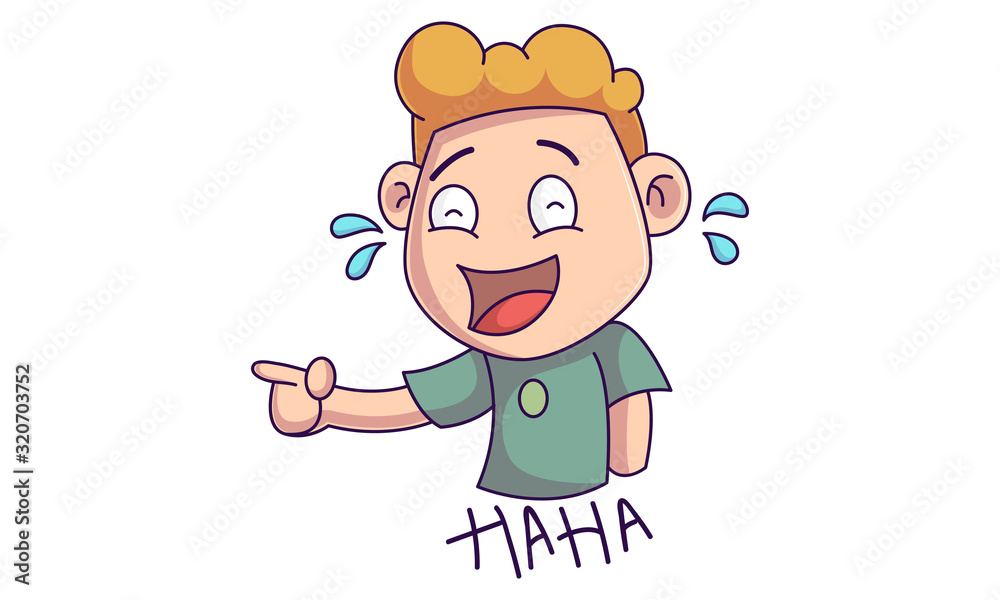 Vector cartoon illustration of the boy laughing. Lettering text- haha ...