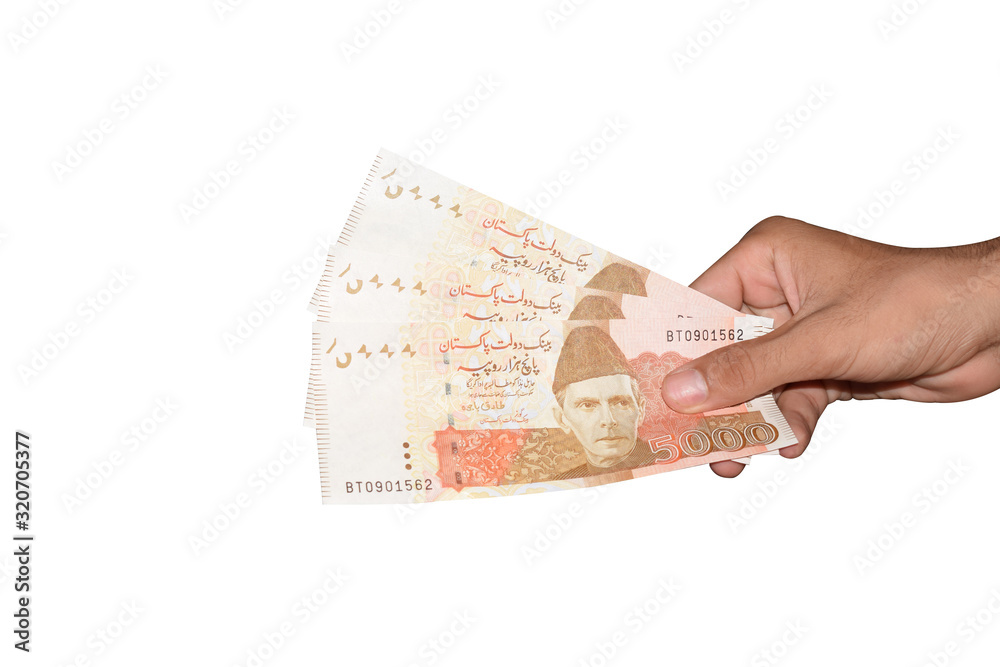 Pakistani 5000 Note hold in hand, Isolated on white background Stock ...
