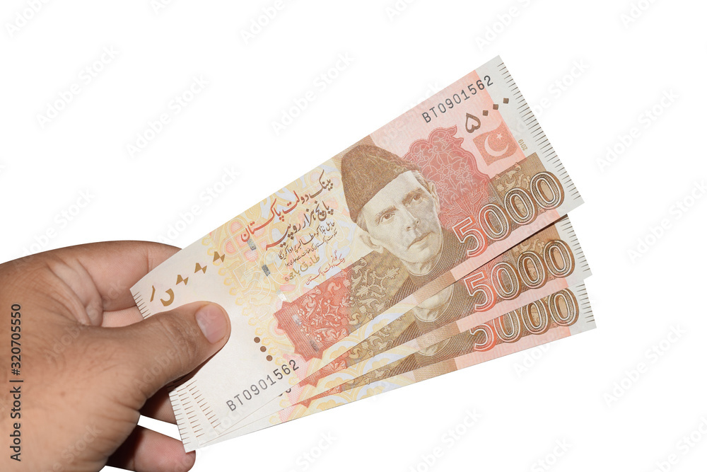 Pakistani 5000 Note hold in hand, Isolated on white background Stock ...
