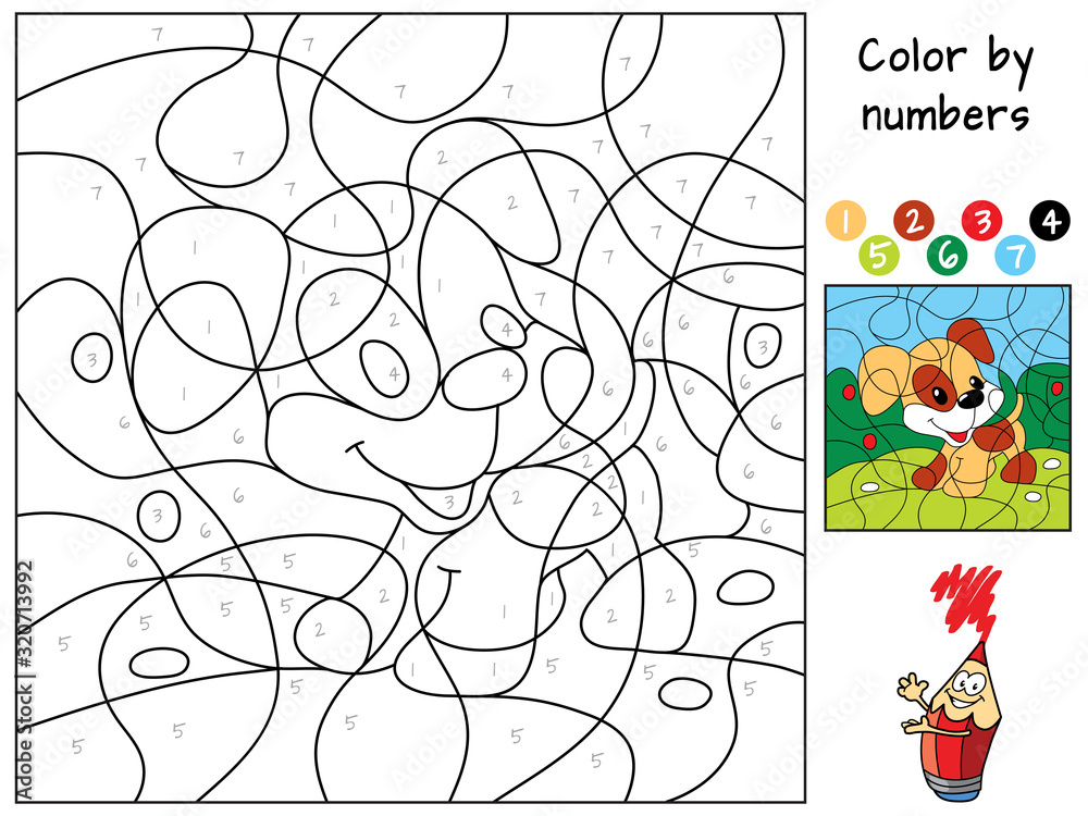 Funny little dog. Color by numbers. Coloring book. Educational puzzle ...