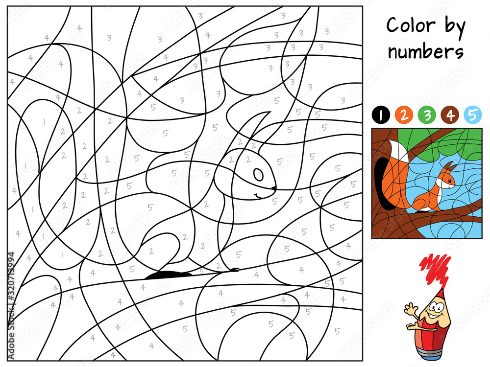 Squirrel sitting on a tree. Color by numbers. Coloring book ...