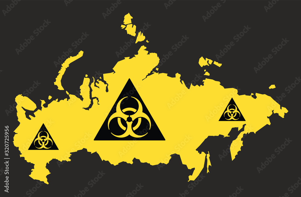 Russia map with biohazard virus sign illustration in black and yellow ...